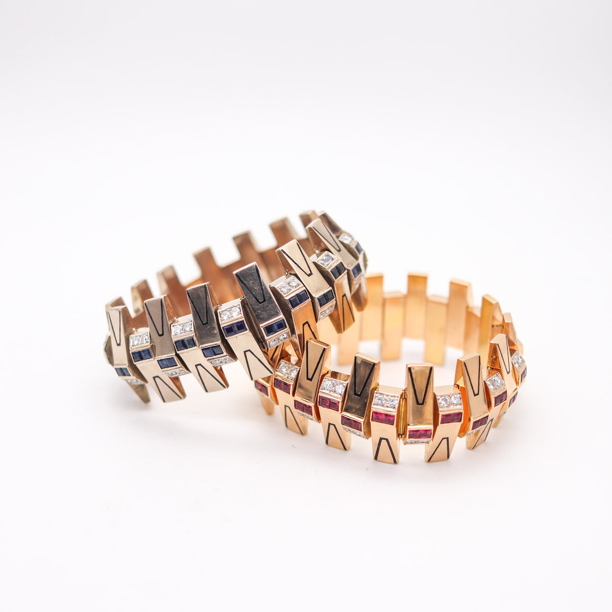 MARCHAK Paris 1935 Art Deco Bracelets Suite 18Kt Gold Diamonds Rubies ...