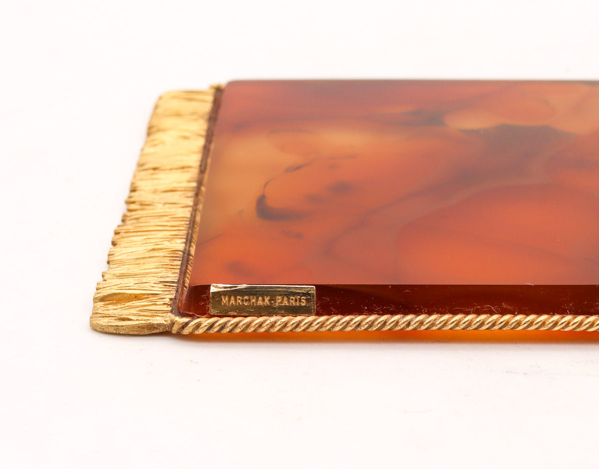 MARCHAK Paris 1920 Art Deco Rare Translucent Agate Desk Tray In Gilt S ...