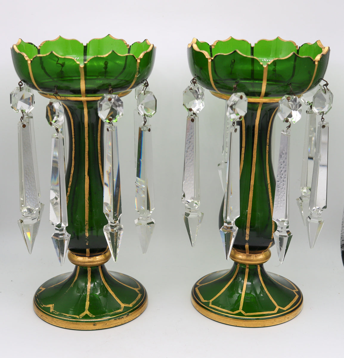 BOHEMIAN 1890 Pair of Lusters In Green Glass With Gold And Cut Glass P ...