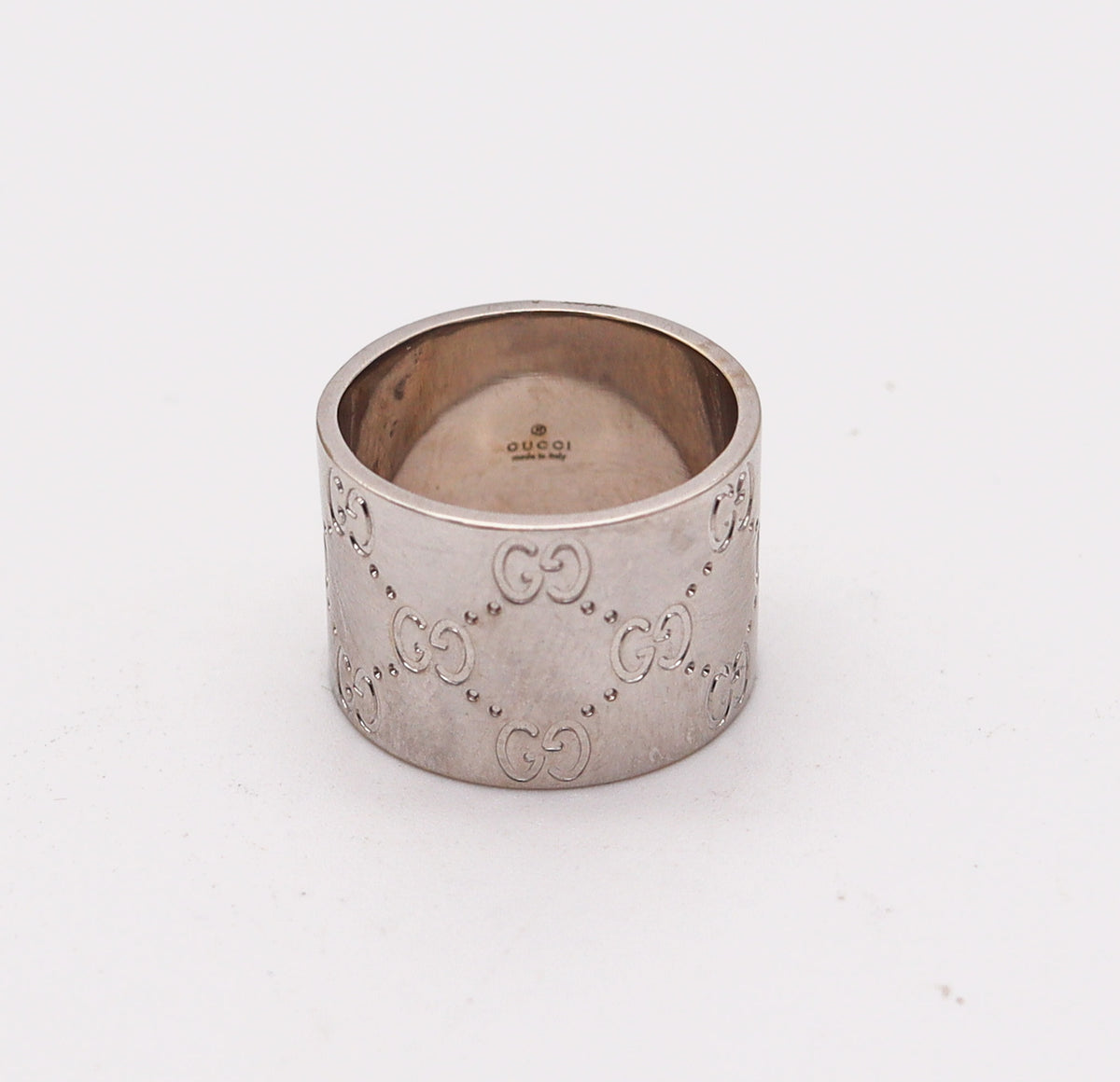 GUCCI Milano Extra Wide Icon Logo GG Ring Band In Solid 18Kt White Gol ...